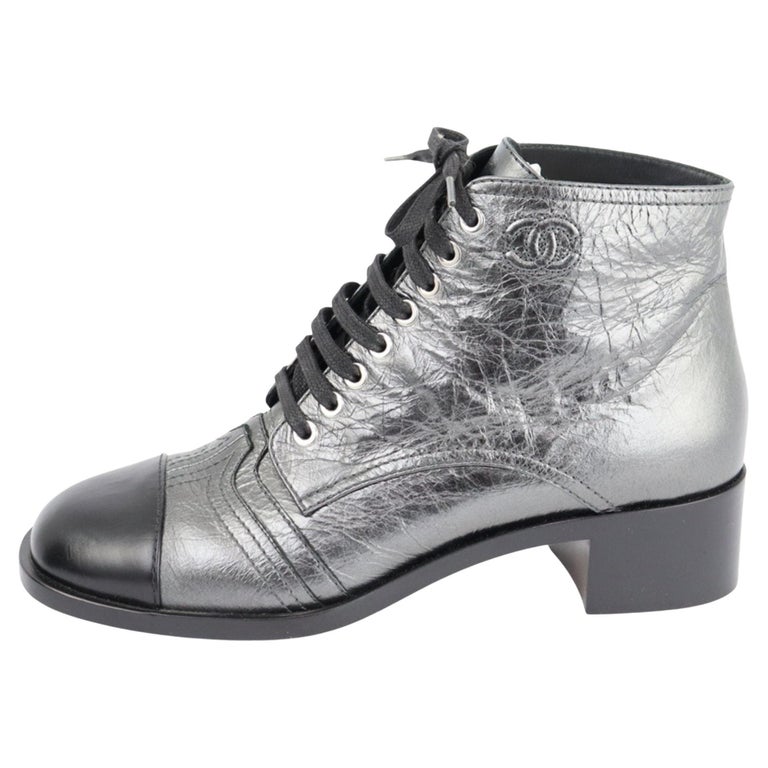 Chanel-39-Metallic Cap Toe Combat Ankle Boots For Sale at 1stDibs