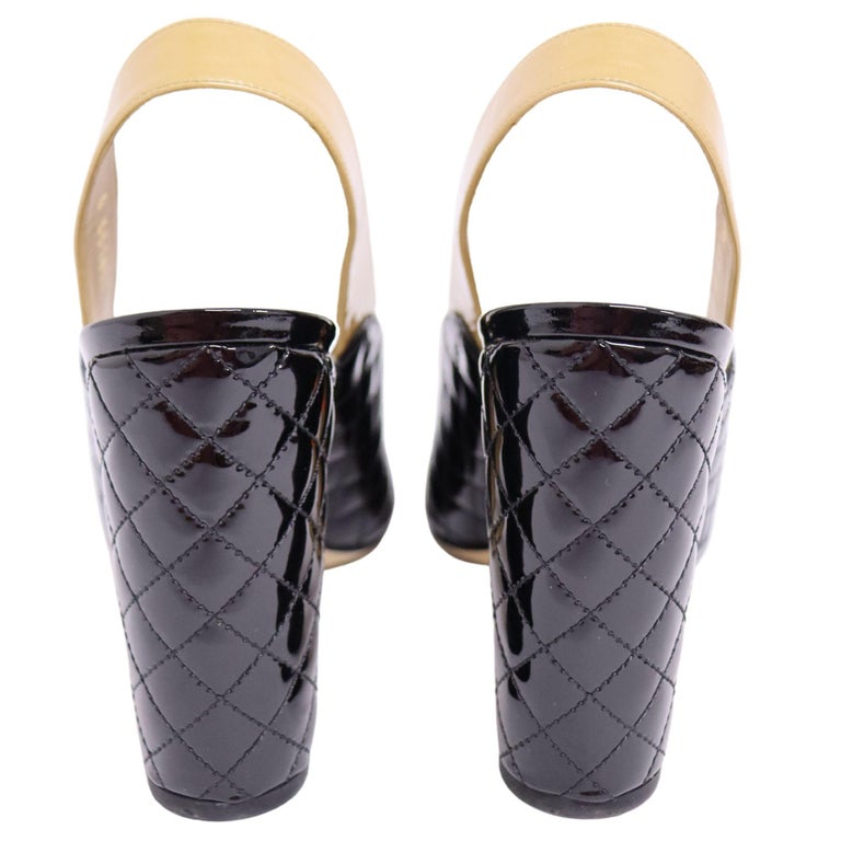 Chanel-41- Black/Beige Patent Leather Quilted CC Block Sling Back Heel ...