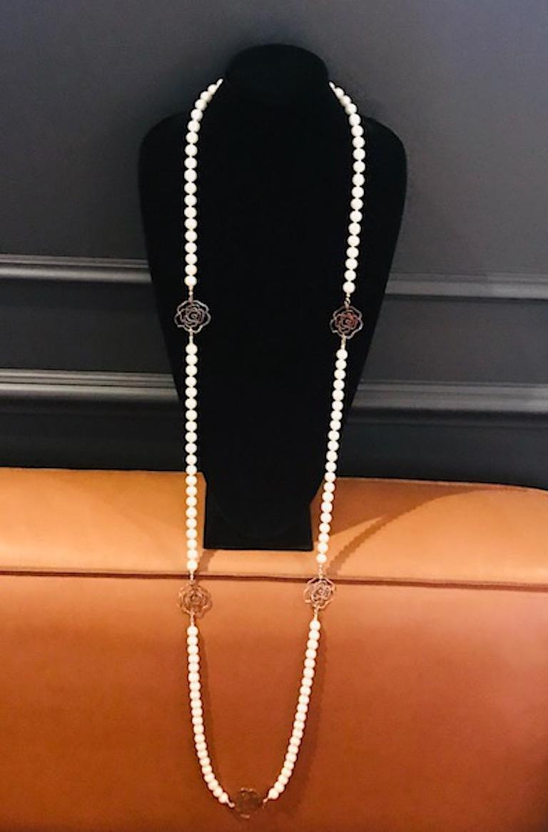 Chanel 63" Long Pearl and Camelia Necklace, 2012 Collection at 1stDibs