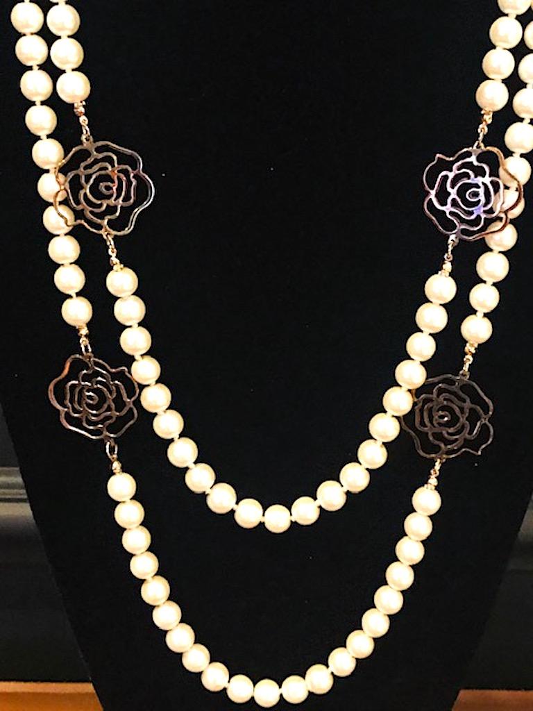 Chanel 63" Long Pearl and Camelia Necklace, 2012 Collection at 1stDibs