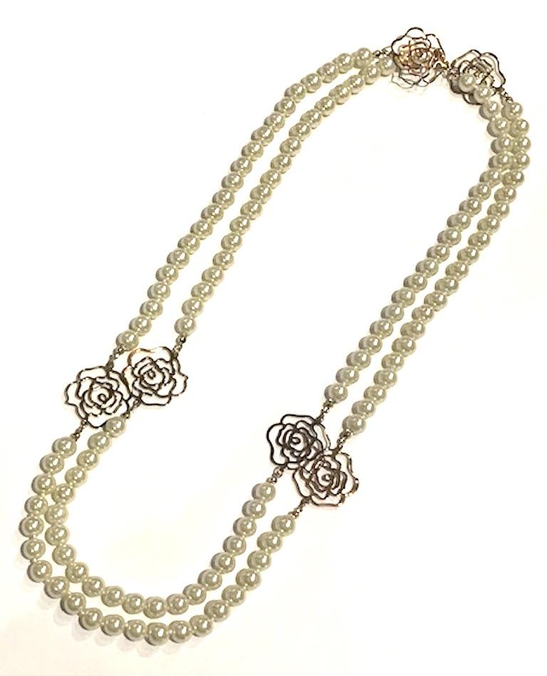 Chanel 63" Long Pearl and Camelia Necklace, 2012 Collection at 1stDibs