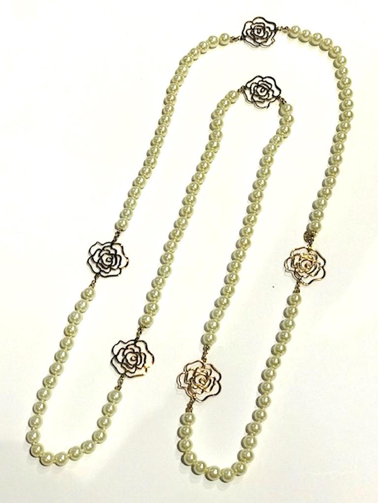 Chanel 63" Long Pearl and Camelia Necklace, 2012 Collection at 1stDibs