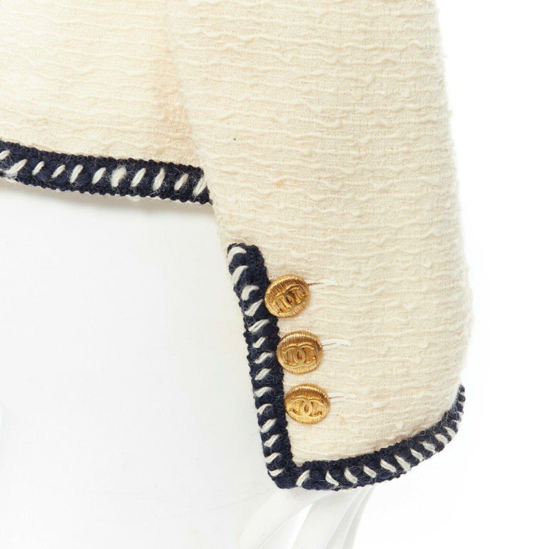 CHANEL 80s vintage ecru tweed navy braid trim gold CC button collarless ...