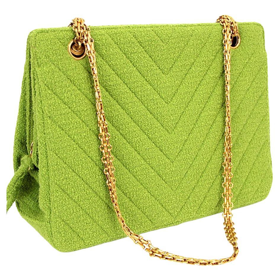 Chanel 90's Vintage 1990's Tweed Chevron Lime Green Classic Reissue ...