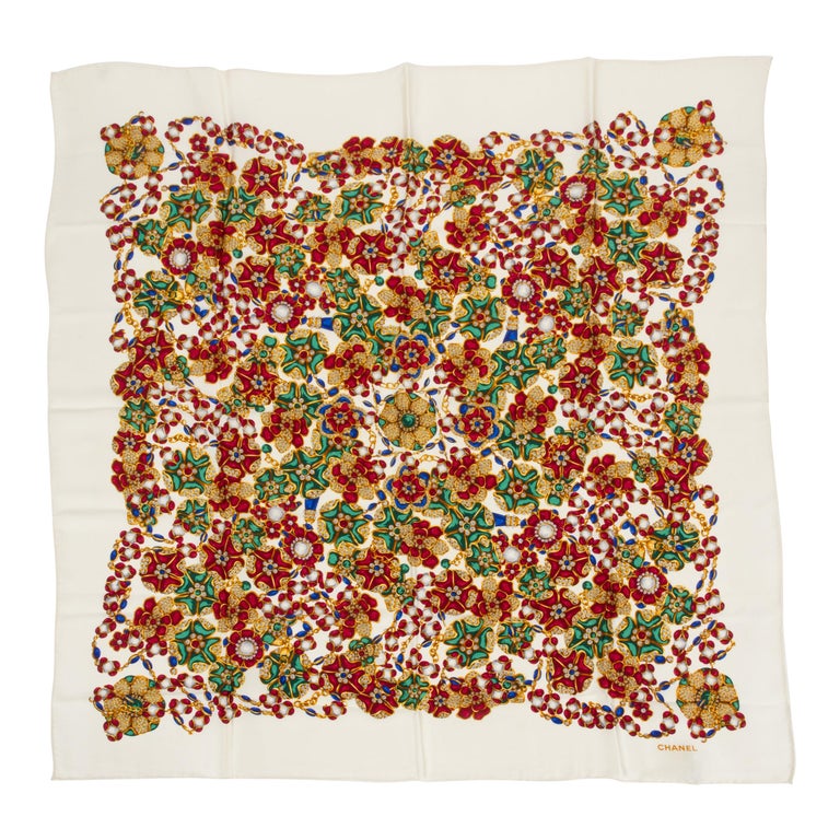 Chanel 90s Vintage Silk Cream Jewel Scarf at 1stDibs | vintage chanel ...