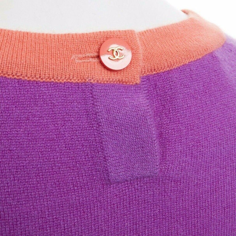 CHANEL 95A 100% cashmere purple pink trimmed neckline short sleeve ...