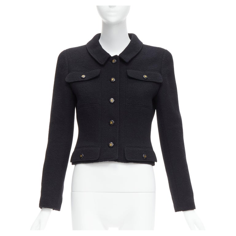 CHANEL 95P black wool crepe gold CC button 4 pocket cropped jacket top ...