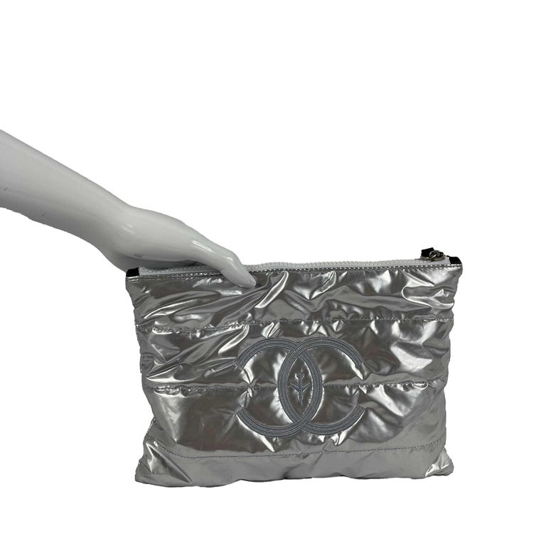 CHANEL Airlines Metallic Silver Puffer Pouch CC Logo / Microfiber ...