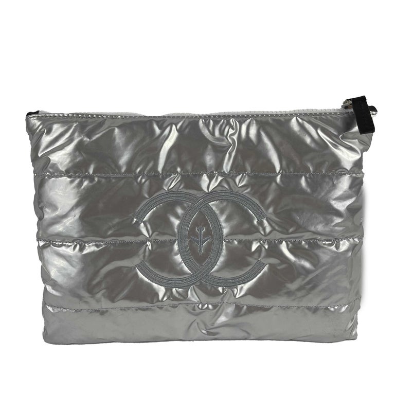 CHANEL Airlines Metallic Silver Puffer Pouch CC Logo / Microfiber ...
