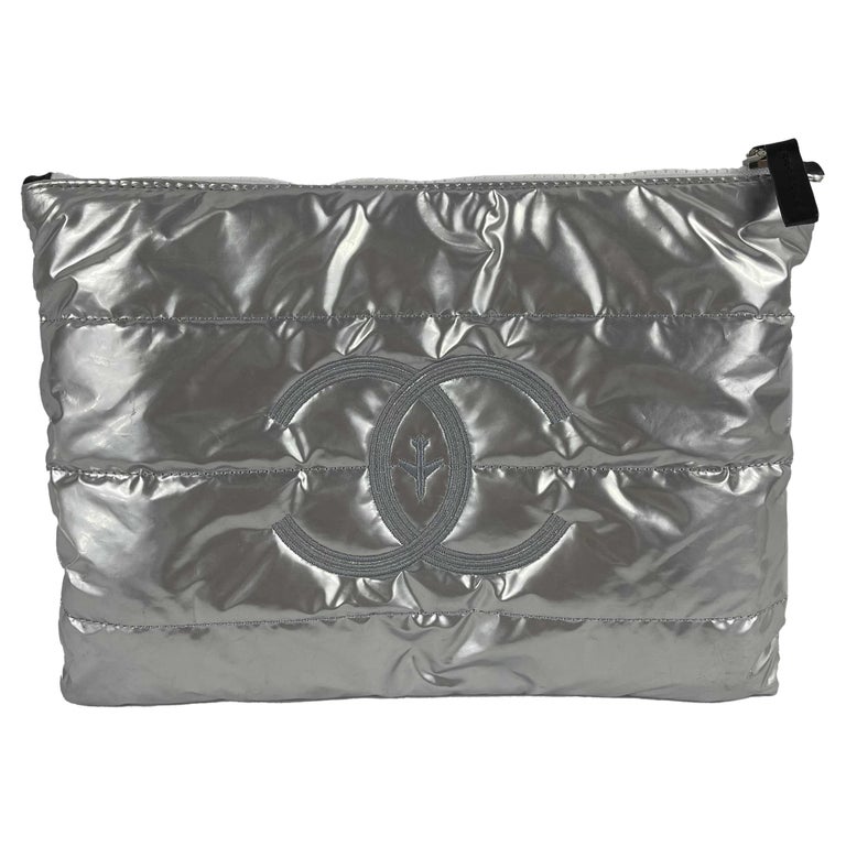 CHANEL Airlines Metallic Silver Puffer Pouch CC Logo / Microfiber ...