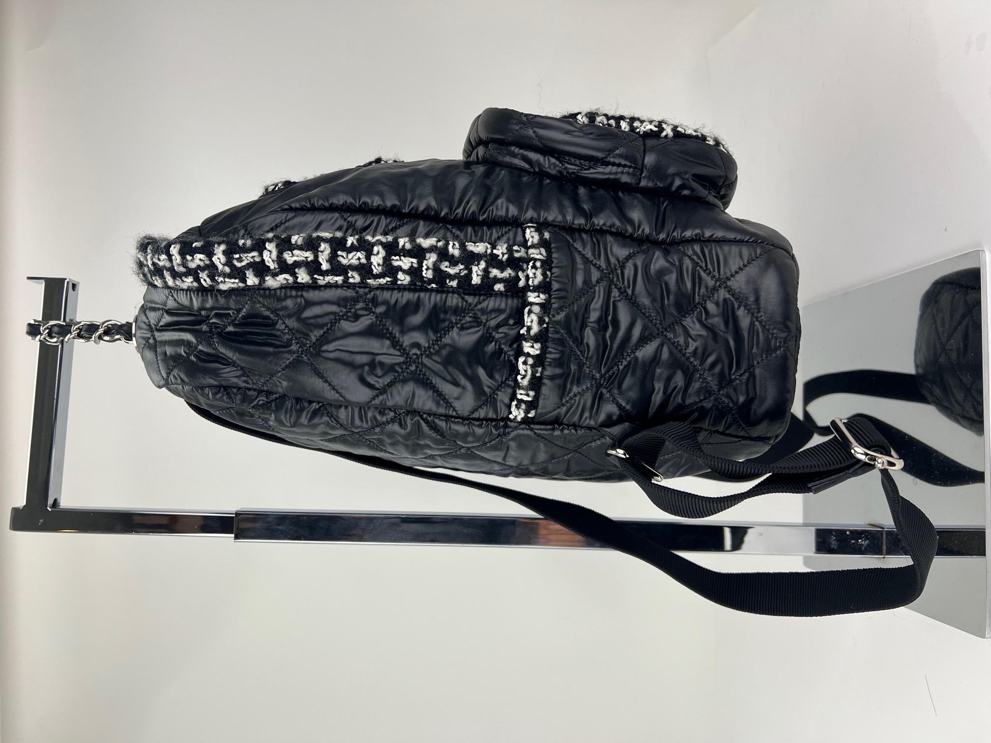 Chanel Backpack Quilted Nylon and CC Tweed Black White Backpack at 1stDibs