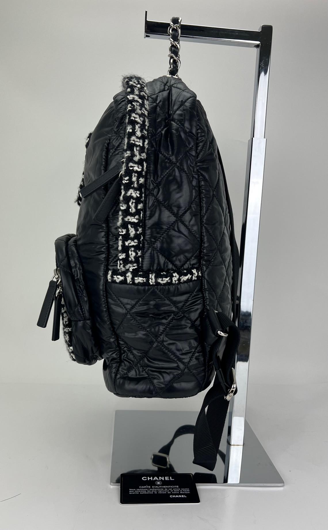 Chanel Backpack Quilted Nylon and CC Tweed Black White Backpack at 1stDibs