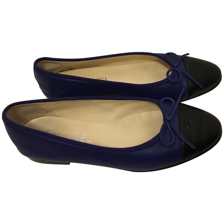 Chanel Ballerina Flats 37.5 Royal Blue Black For Sale at 1stDibs