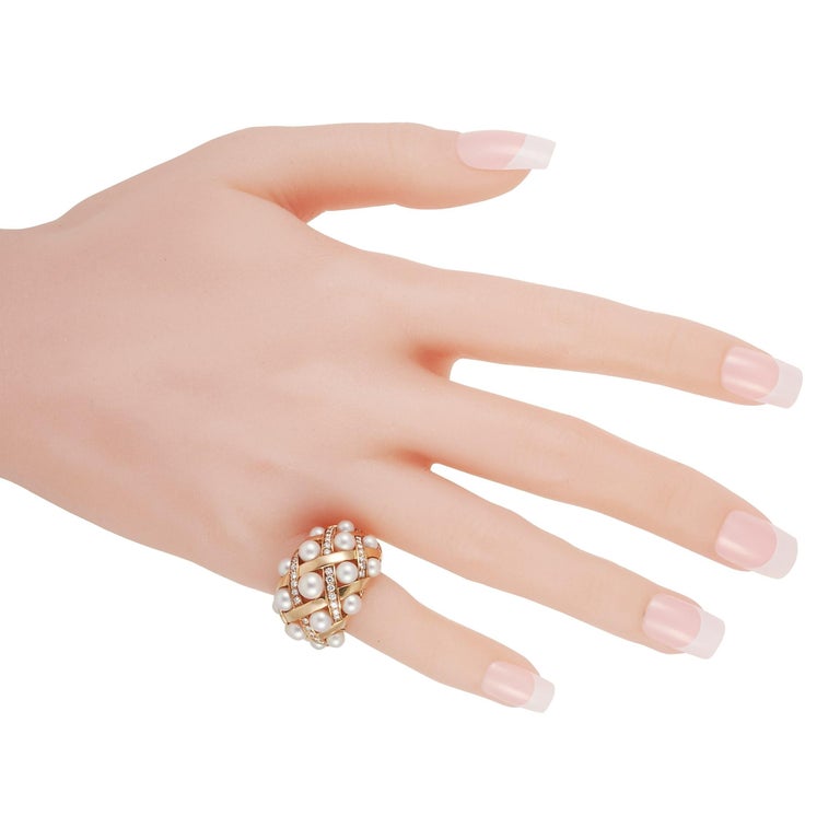 Chanel Baroque Matelassé 18 Karat Yellow Gold Diamond and Pearl Ring at ...