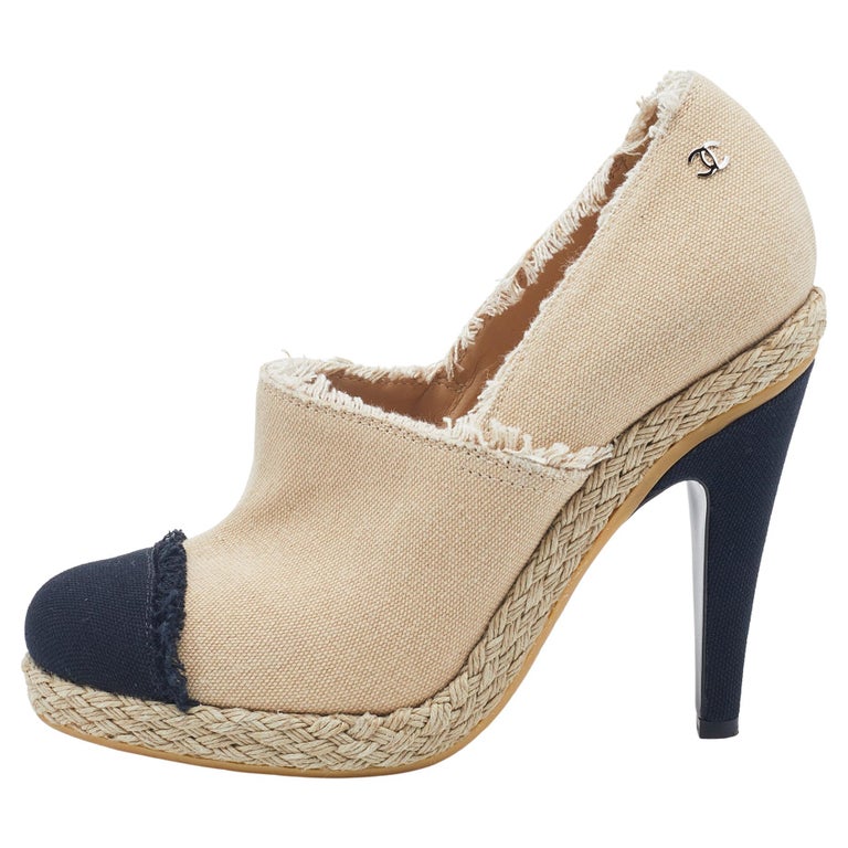 Chanel Beige/Black Canvas CC Cap Toe Espadrille Booties Size 38 For ...