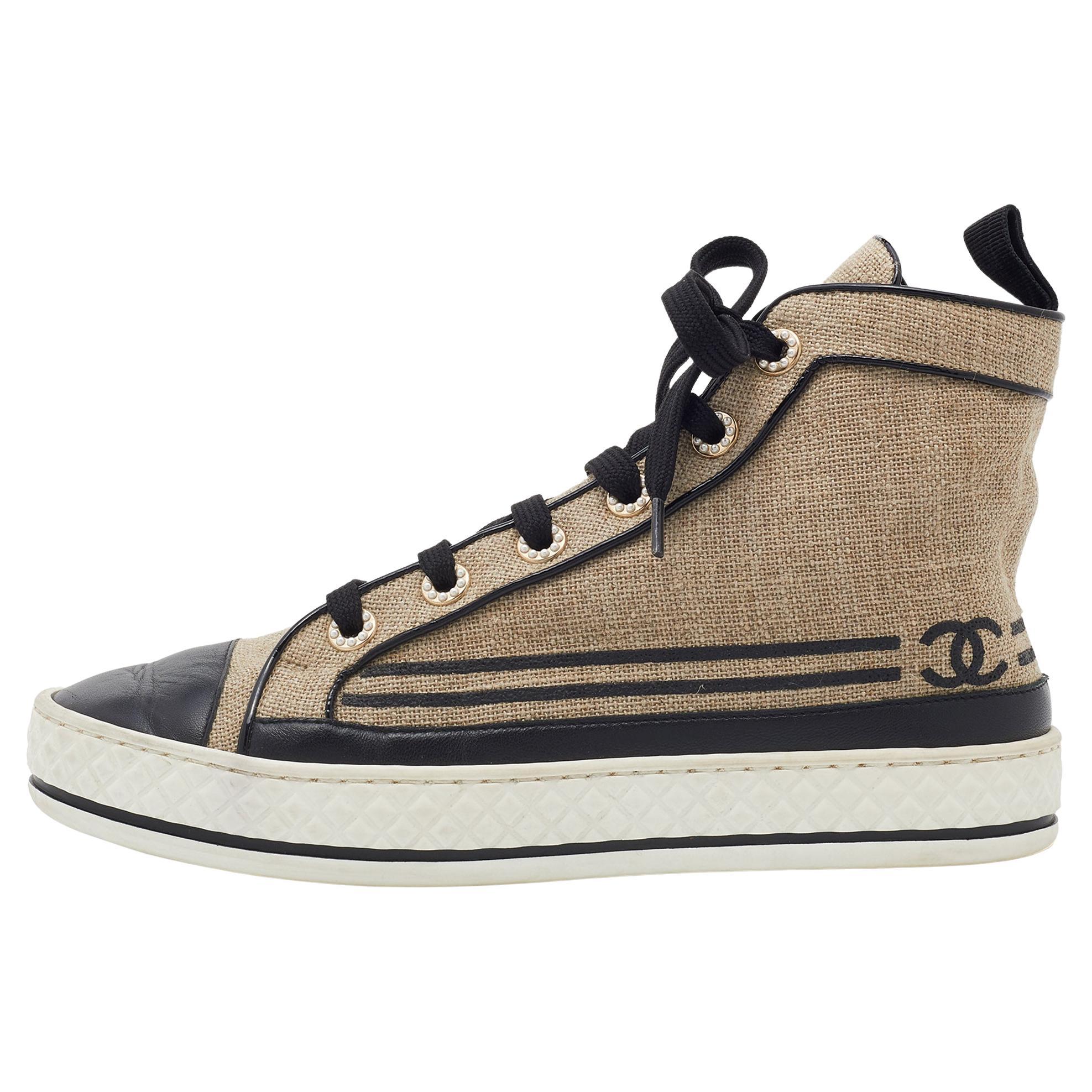 Chanel Beige/Black Jute and Leather CC Cap Toe High Top Sneakers Size ...