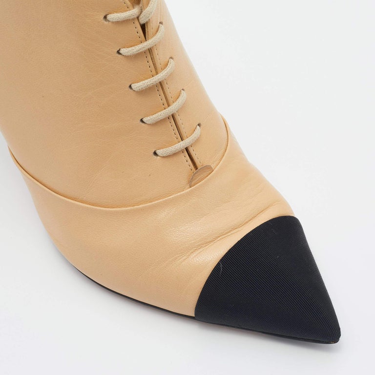 Chanel Beige/Black Leather And Fabric Cap Toe Embellished Booties Size ...