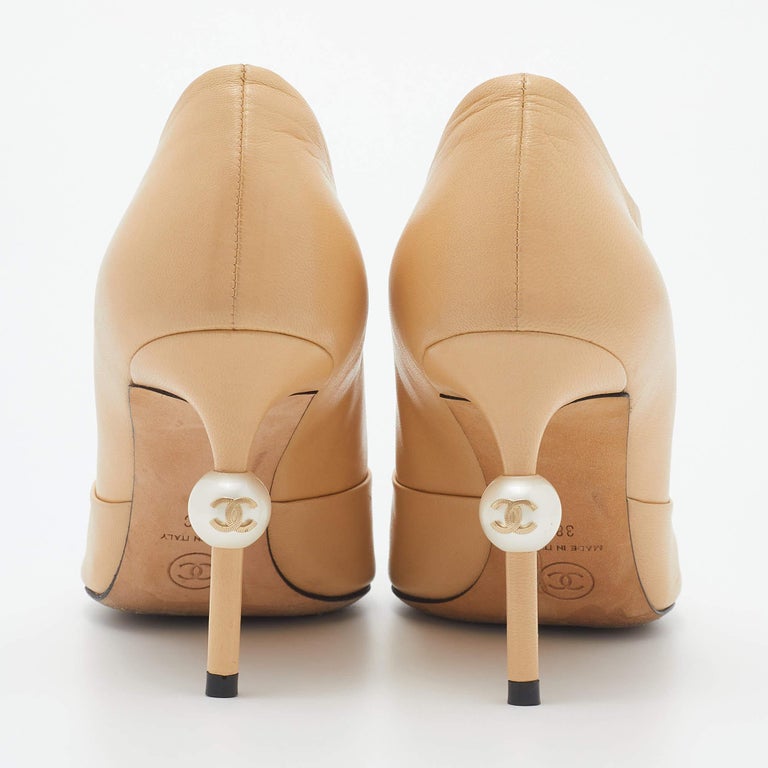 Chanel Beige/Black Leather And Fabric Cap Toe Embellished Booties Size ...