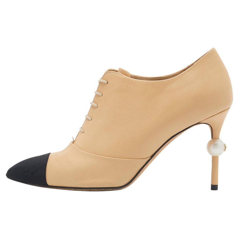 Chanel Beige/Black Leather And Fabric Cap Toe Embellished Booties Size ...