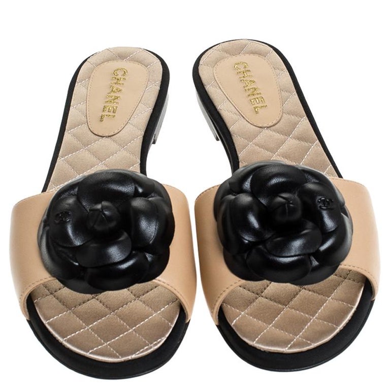 Chanel Beige/Black Leather Camelia Embellished Flat Slide Sandals Size ...