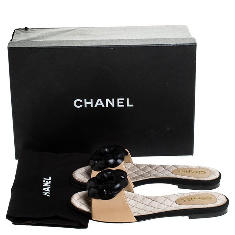Chanel Beige/Black Leather Camelia Embellished Flat Slide Sandals Size ...