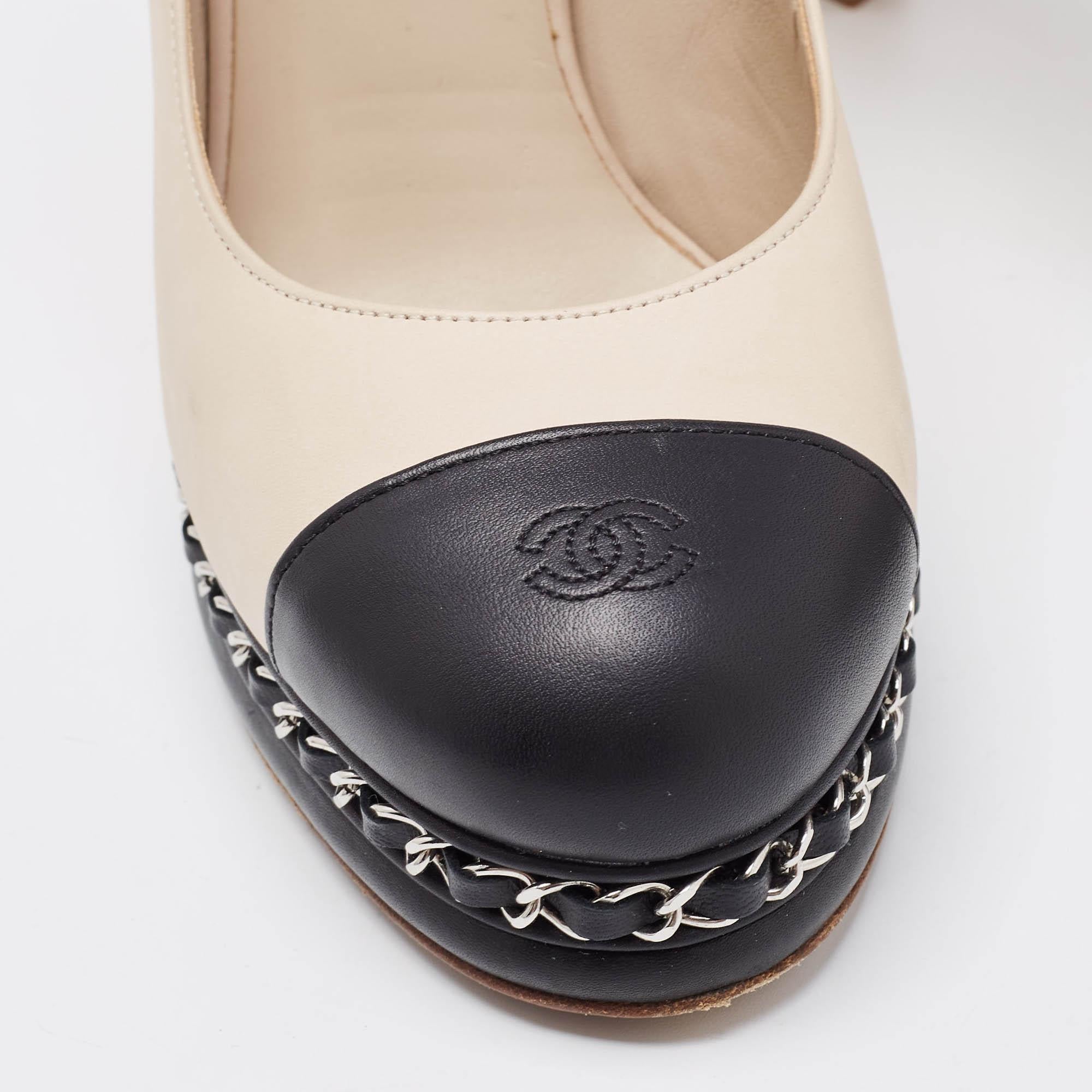 Chanel Beige/Black Leather CC Cap Toe Chain Link Platform Pumps Size 38 ...