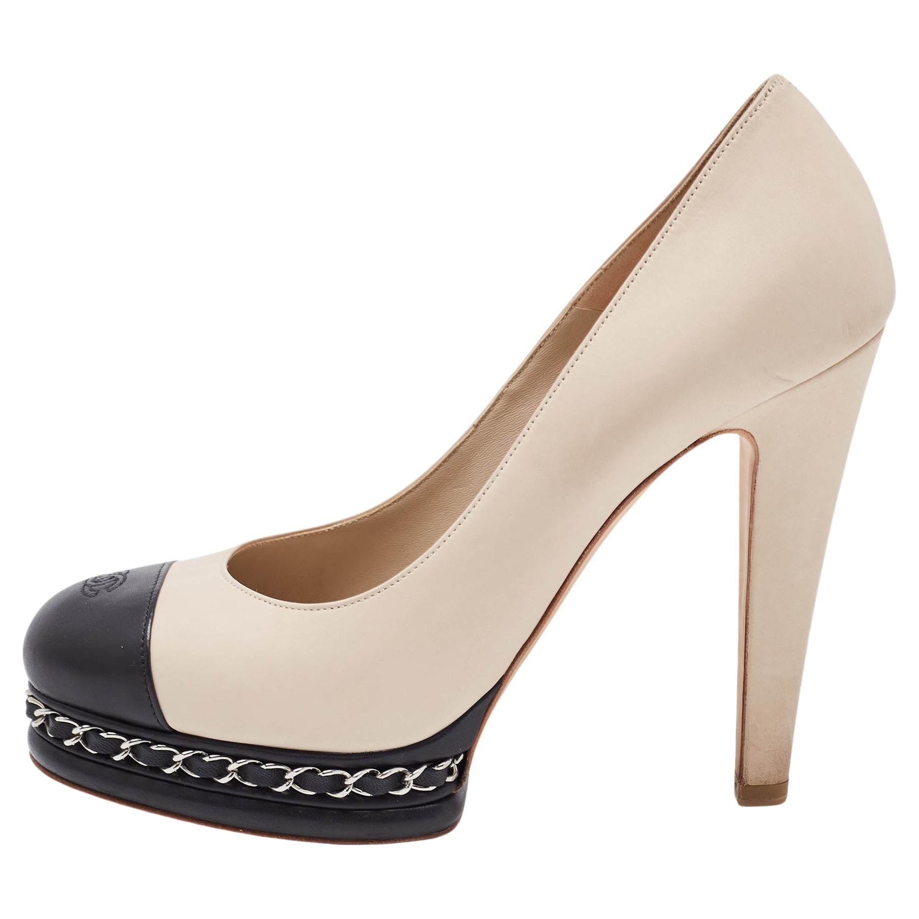 Chanel Beige/Black Leather CC Cap Toe Chain Link Platform Pumps Size 38 ...