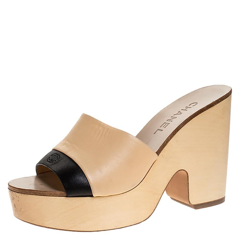 Chanel Beige/Black Leather Open Toe Slide Wooden Clogs Size 37.5 at 1stDibs