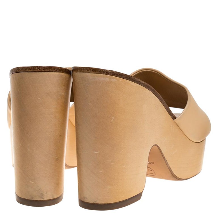 Chanel Beige/Black Leather Open Toe Slide Wooden Clogs Size 37.5 at 1stDibs
