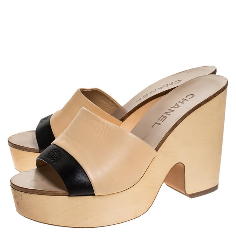 Chanel Beige/Black Leather Open Toe Slide Wooden Clogs Size 37.5 at 1stDibs