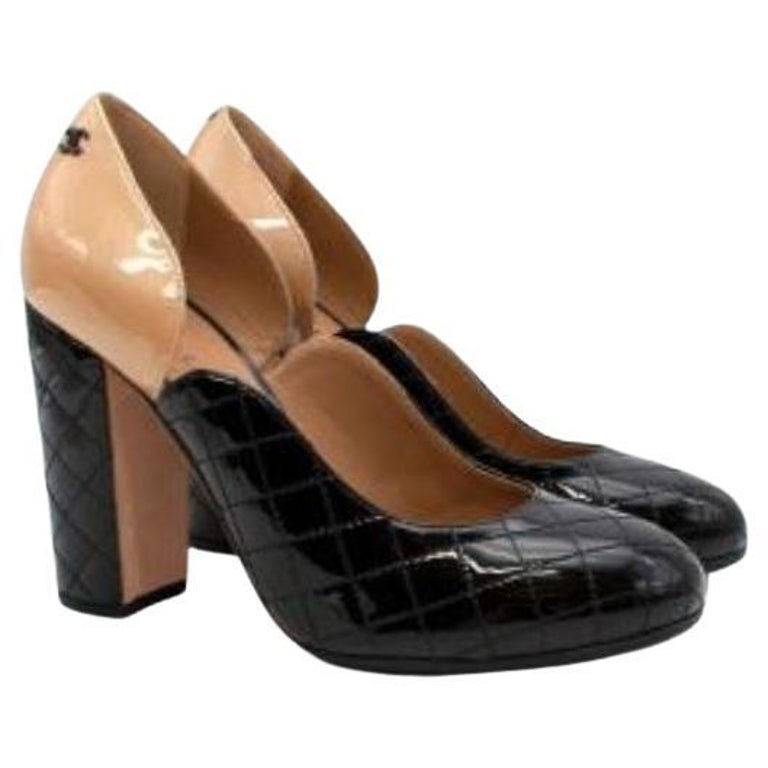 Chanel Beige and Black Patent Heeled Pumps For Sale at 1stDibs