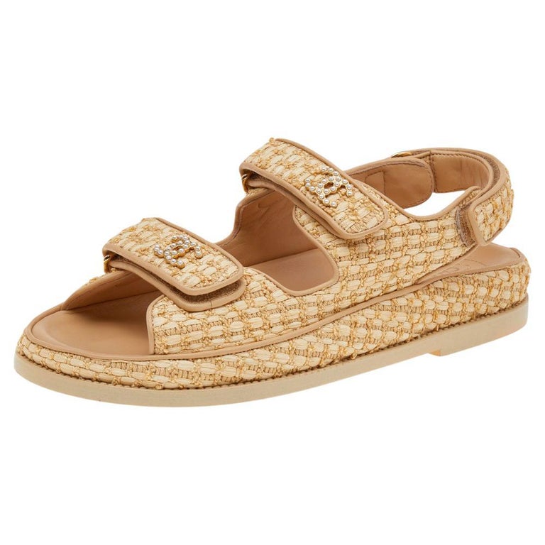 Chanel Beige Braided Straw And Fabric Pearl Embellished CC Flat Sandals ...