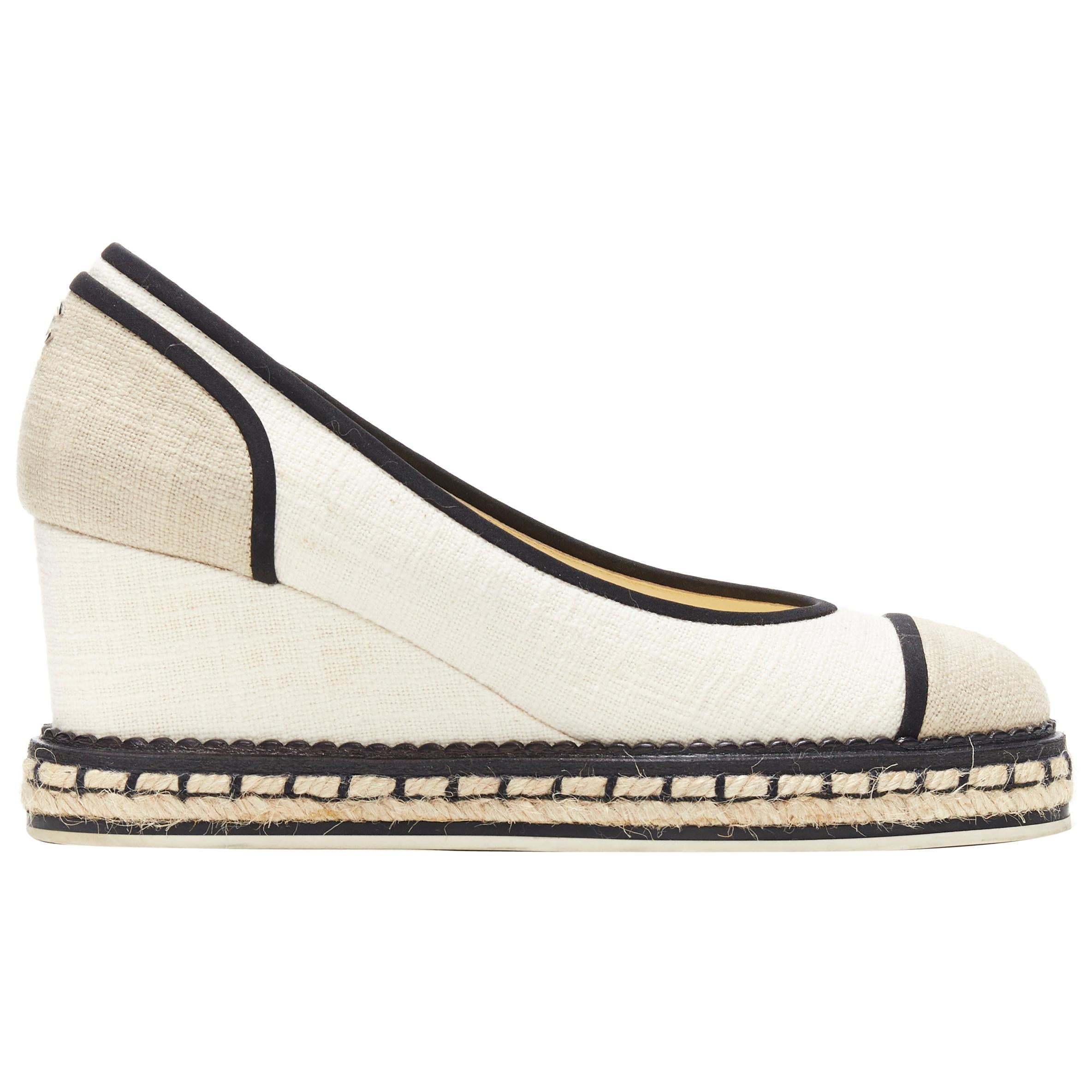 CHANEL beige canvas toe cap leather bordered jute sole platform wedge ...
