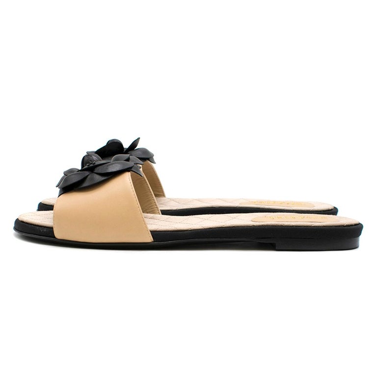 Chanel Beige Floral Embellished Leather Slides 39 at 1stDibs | chanel ...