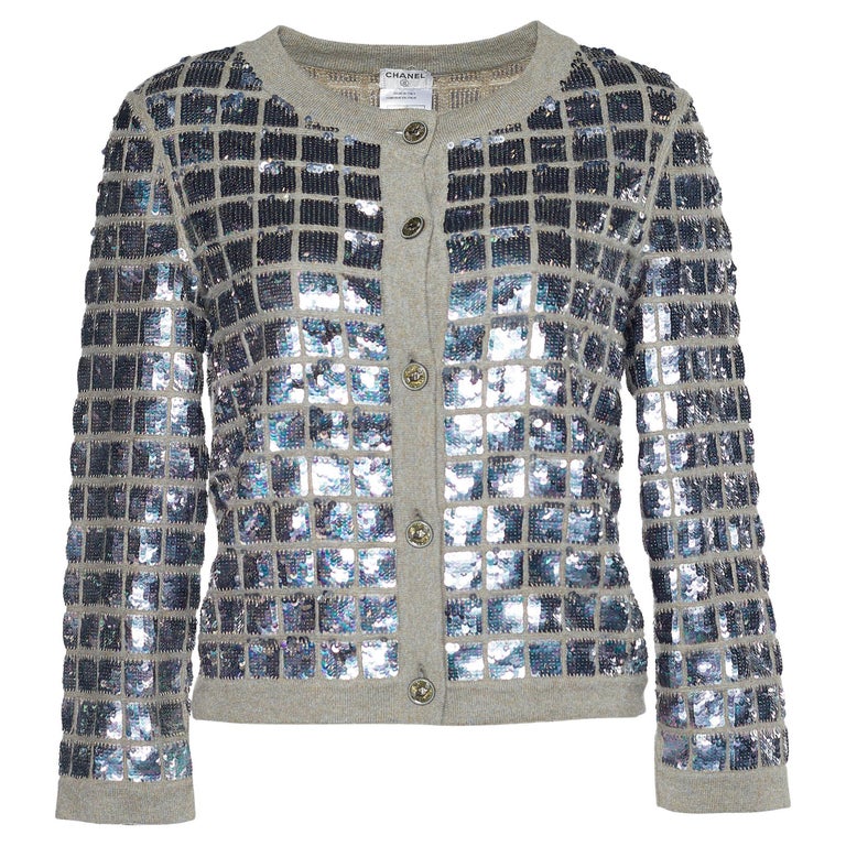 Chanel Beige and Grey Sequined Grid Button Front Cardigan M at 1stDibs