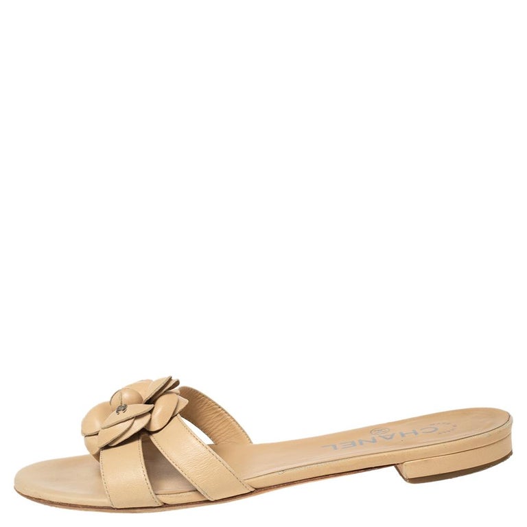 Chanel Beige Leather Camellia Flat Slides Size 37 at 1stDibs