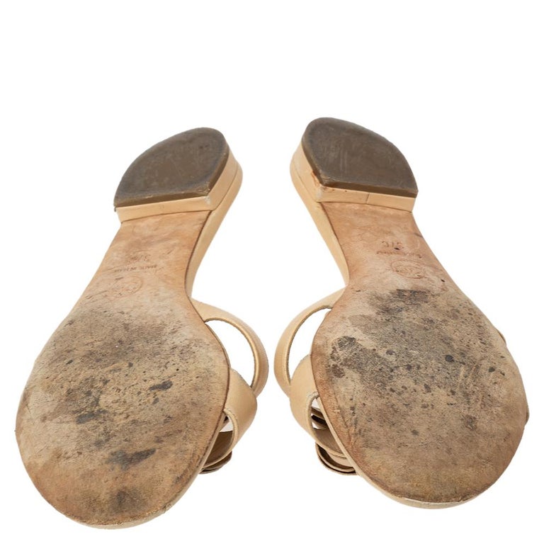 Chanel Beige Leather Camellia Flat Slides Size 37 at 1stDibs