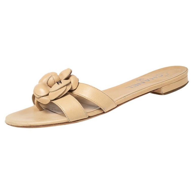 Chanel Beige Leather Camellia Flat Slides Size 37 at 1stDibs