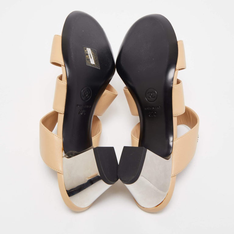 Chanel Beige Leather CC Strappy Slides Size 37 For Sale at 1stDibs