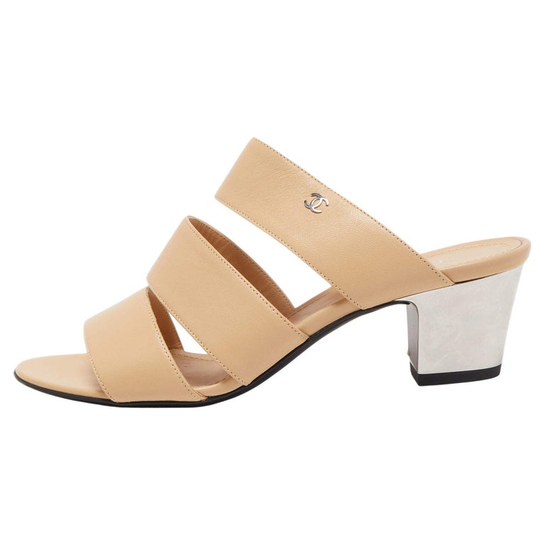Chanel Beige Leather CC Strappy Slides Size 37 For Sale at 1stDibs