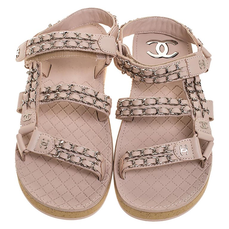 Chanel Beige Leather Chain Embellished Ankle Strap Flat Sandals Size 40 ...