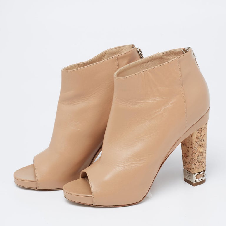 Chanel Beige Leather Chain Embellished Cork Heel Booties Size 37 For ...