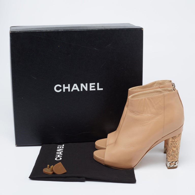 Chanel Beige Leather Chain Embellished Cork Heel Booties Size 37 For ...