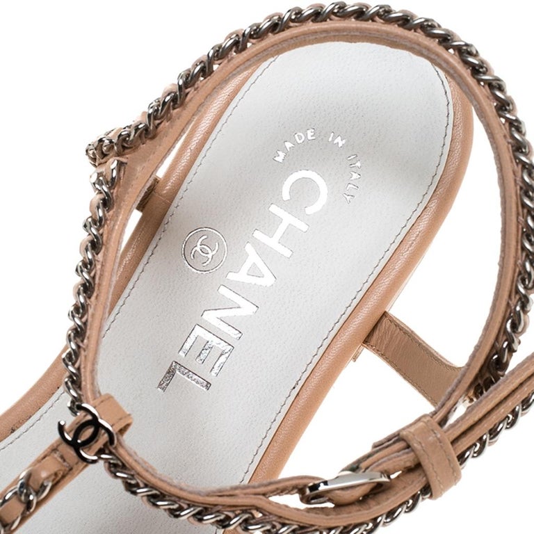 Chanel Beige Leather Chain Thong CC Logo Strap Sandals Size 38 For Sale ...