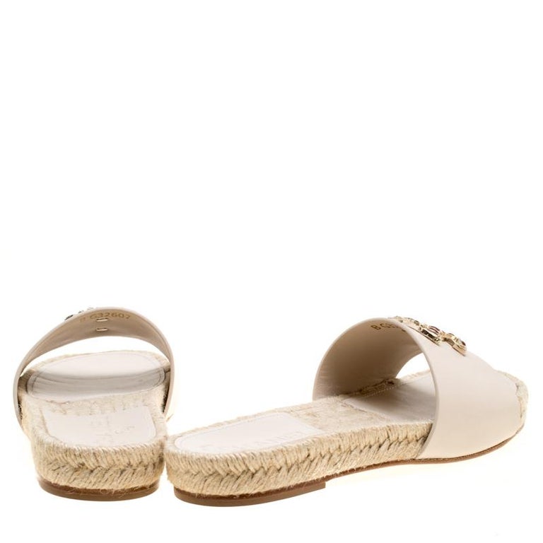 Chanel Beige Leather Embellished CC Flat Espadrille Slides Size 36 For ...