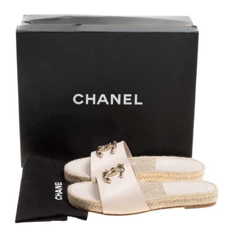 Chanel Beige Leather Embellished CC Flat Espadrille Slides Size 36 For ...