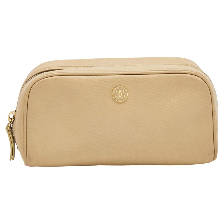 Chanel Beige Leather Zip Cosmetic Pouch For Sale at 1stDibs