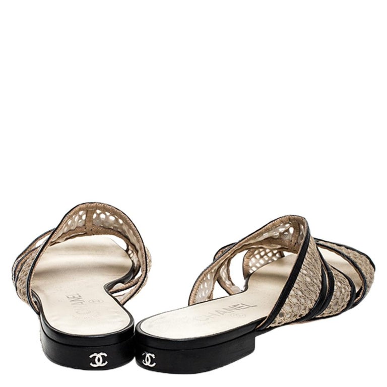 Chanel Beige Mesh And Black Leather Trim Slide Flats Size 39 at 1stDibs