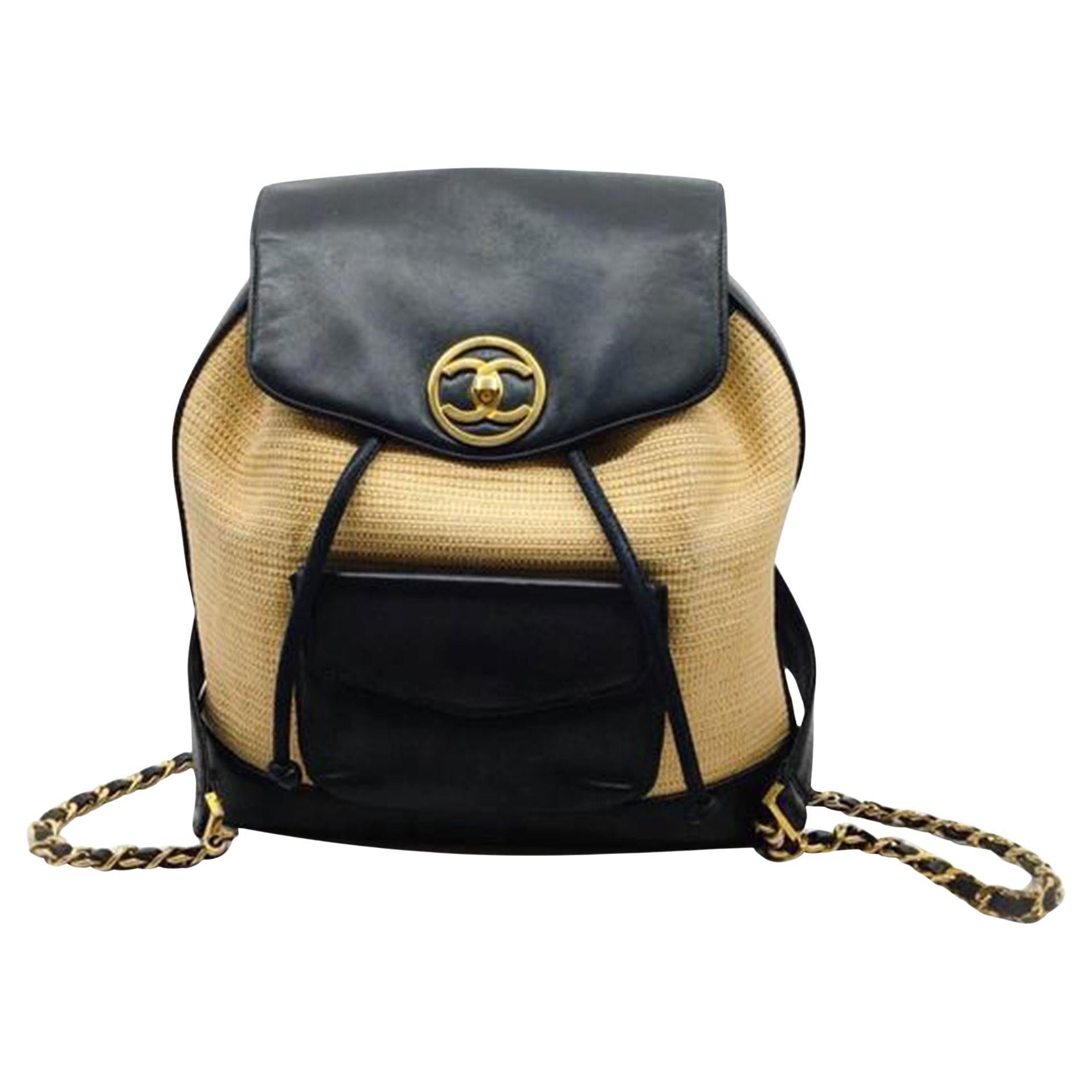 Chanel Beige Natural Rattan Raffia Black Leather Backpack For Sale at ...