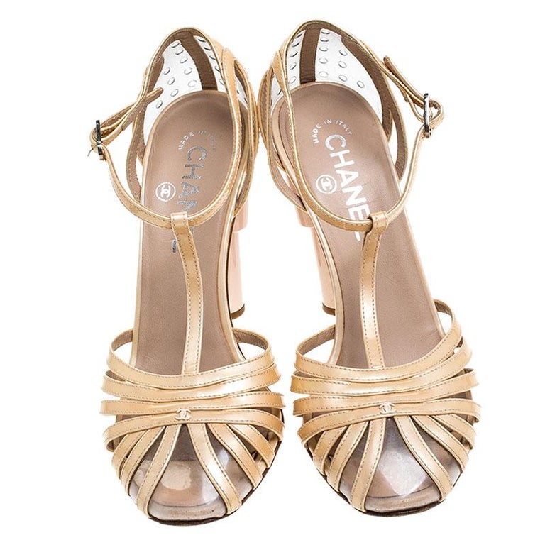 Chanel Beige Patent Leather And PVC Swirl Heel T Strap Sandals Size 37. ...
